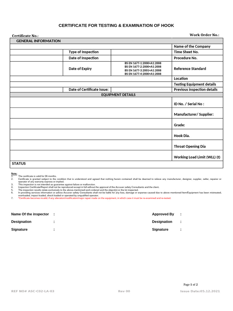 Hook Inspection Certificate Summary | PDF