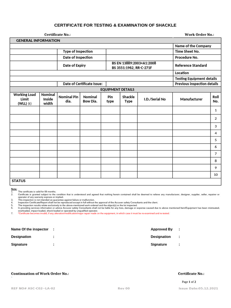 La-02 Shackle Certificate | PDF