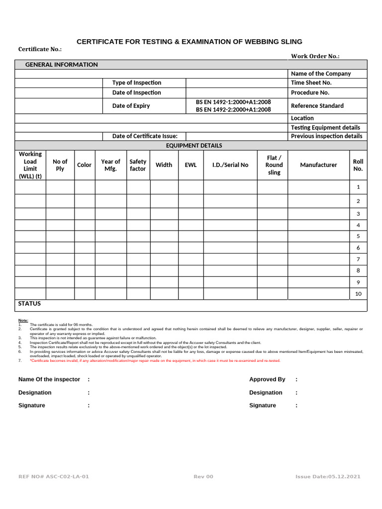 LA-01 WEBBING SLING CERTIFICATE FORMAT | PDF