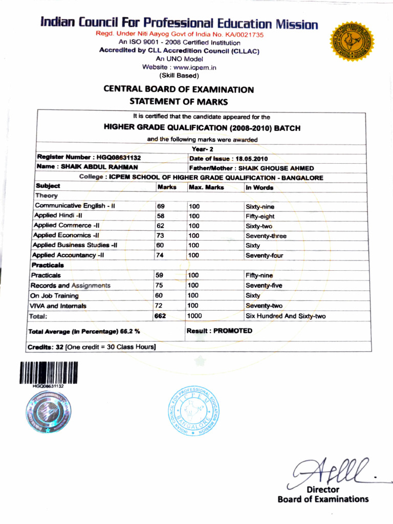 12th Marks Card | PDF | Vocational Education | Educational Stages