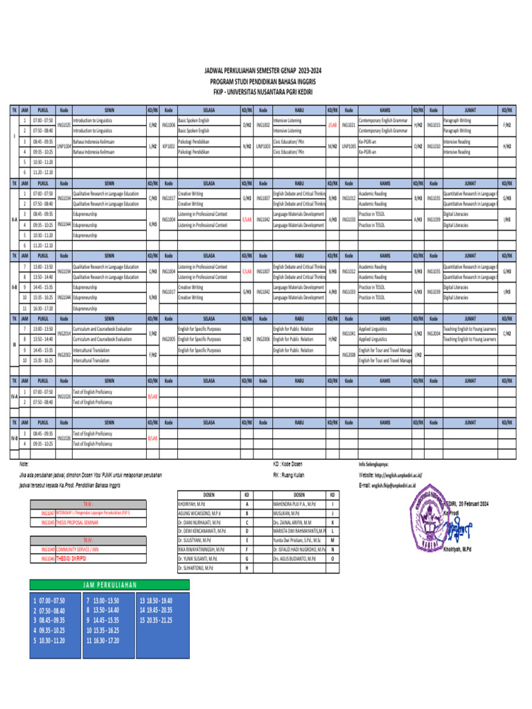 Jadwal Kuliah Genap 2023-2024 - 22022024 | PDF | Cultural Assimilation | Language Acquisition