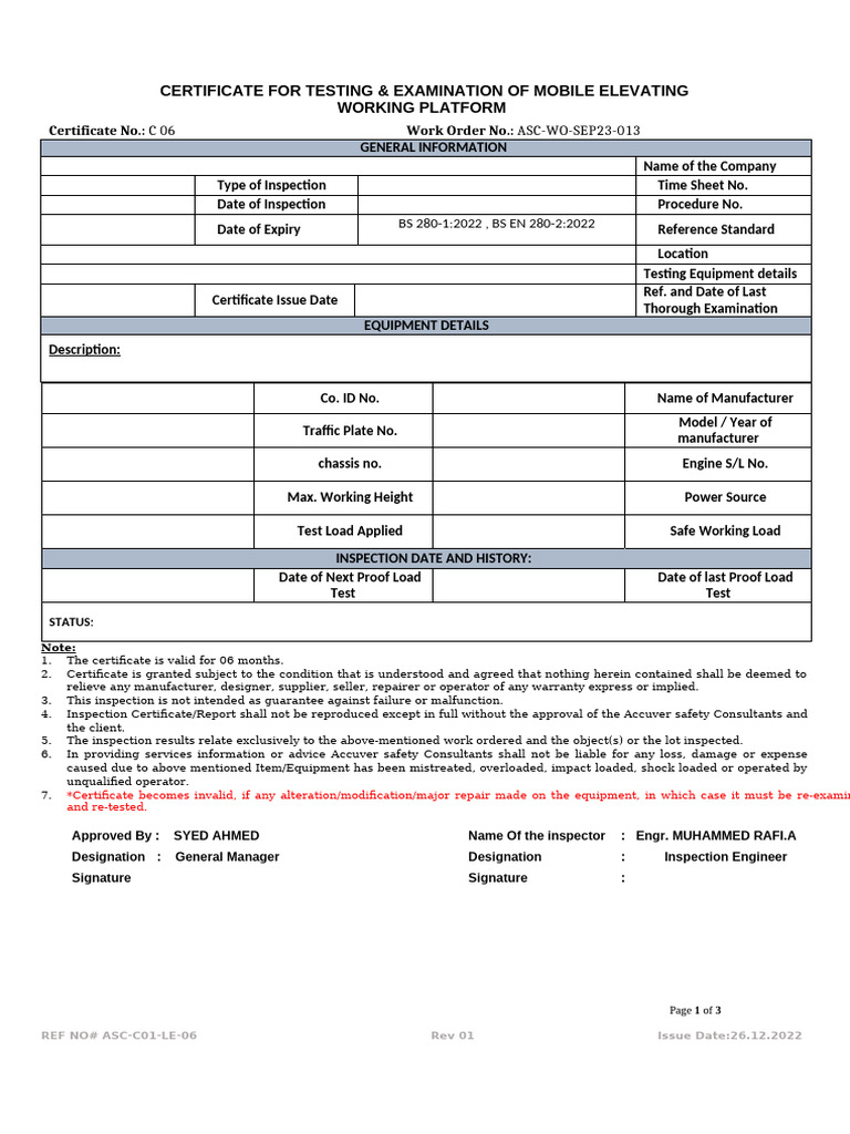 Le-06 Mewp Certificate | PDF | Elevator | Vehicle Technology