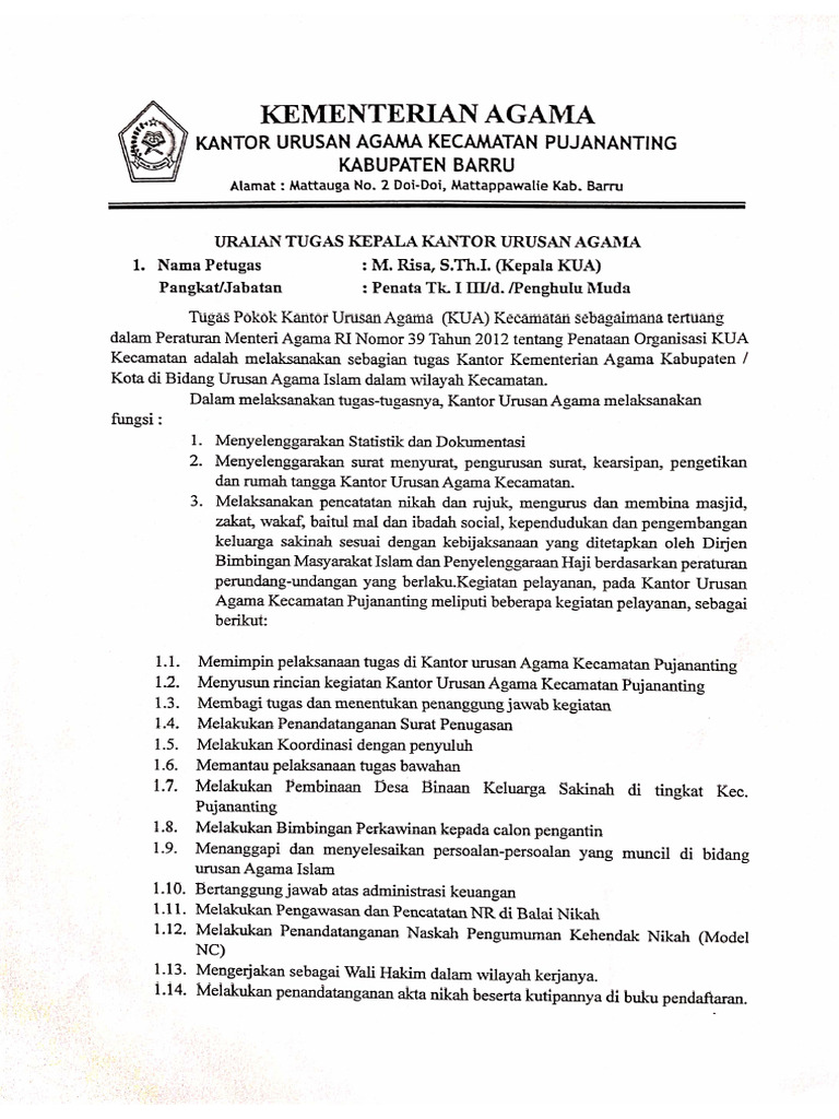 Uraian Tugas Kepala KUA | PDF