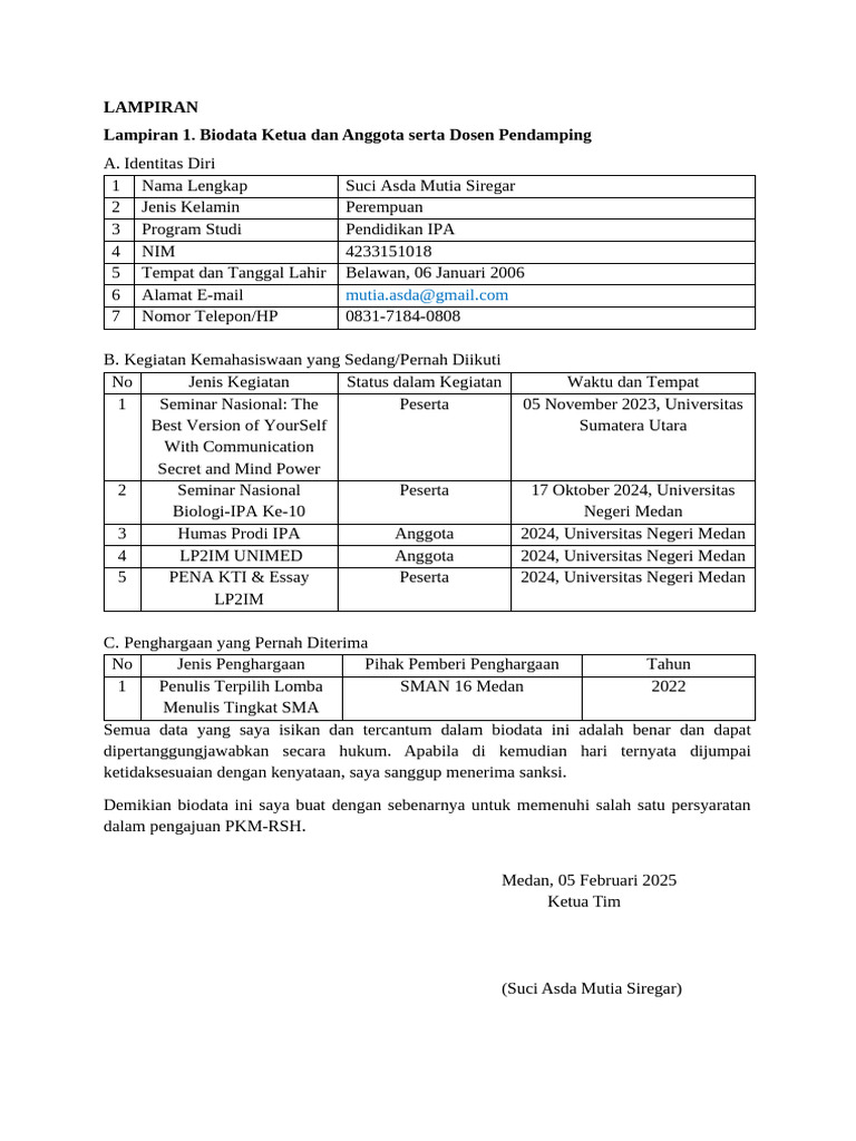 Biodata Ketua dan Anggota Tim PKM-RSH | PDF