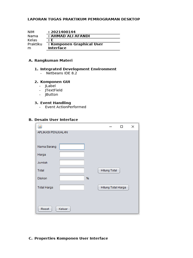 Laporan Praktikum Pemrograman Dekstop (AHMAD ALI AFANDI - 2021400144 - E) | PDF