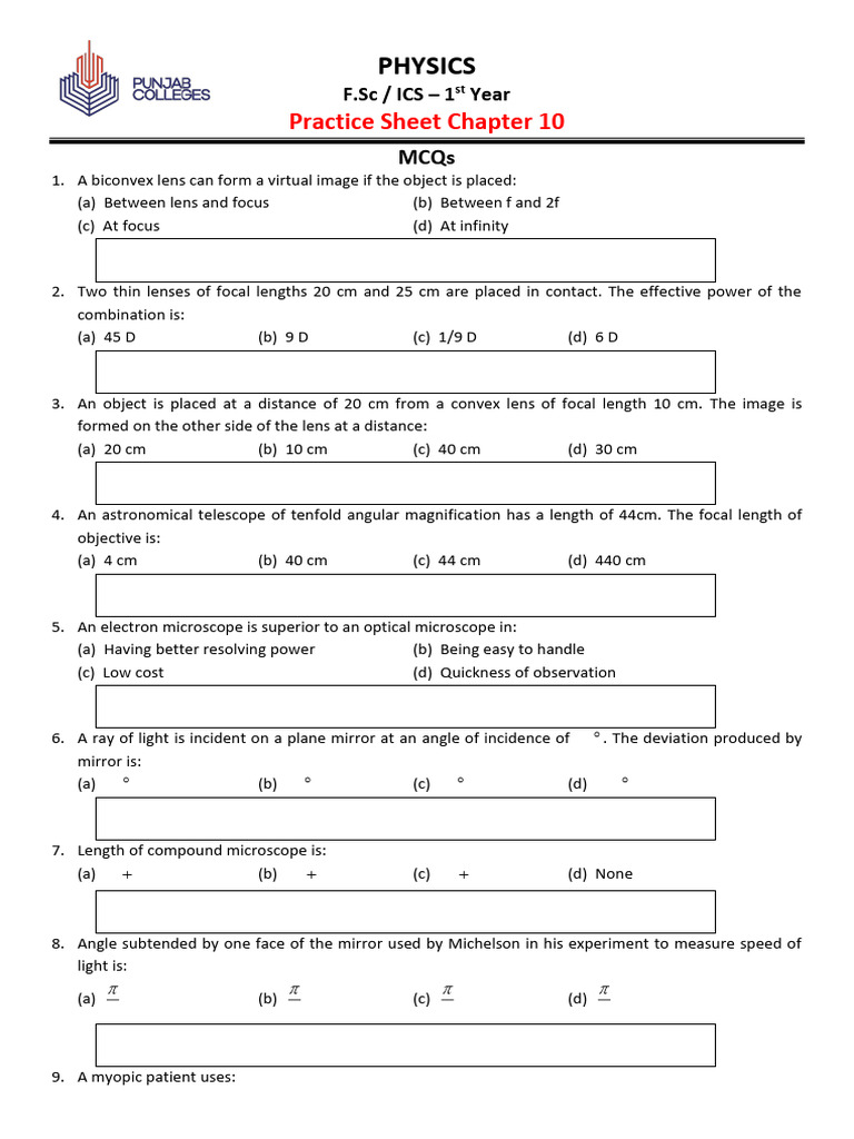 Physics Practice Sheet P-1-Ch.10 | PDF | Optics | Light