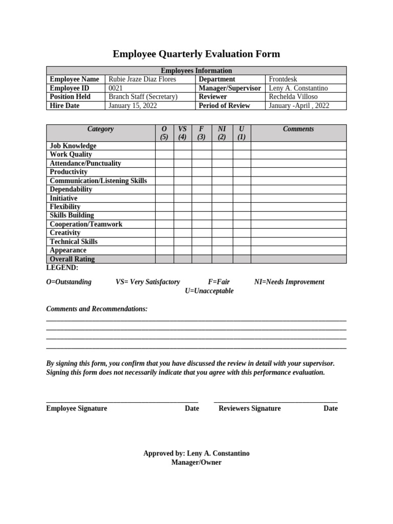 Employee Quarterly Evaluation Form | PDF | Performance Appraisal ...