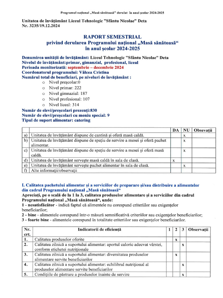 Raport Semestrial Masa Sanatoasa | PDF