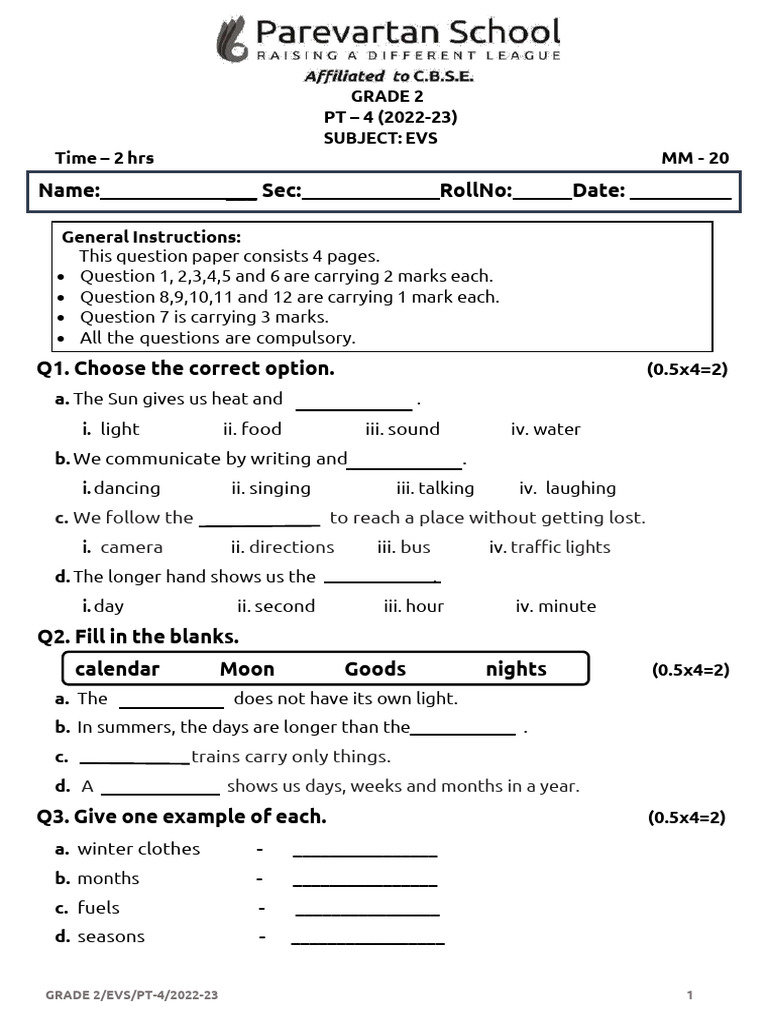 Grade 2 EVS PT-4 Question Paper | PDF