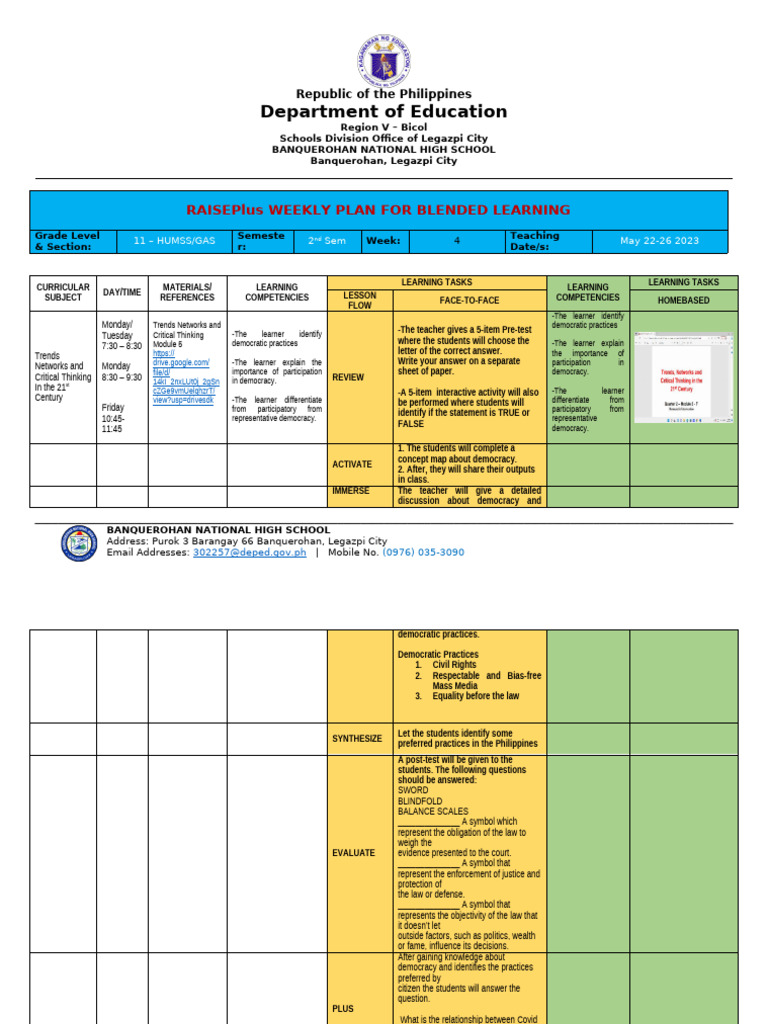 RAISEPlus Weekly Plan For Blended Learning. PRACTICAL RESEARCH 1 | PDF | Learning | Democracy