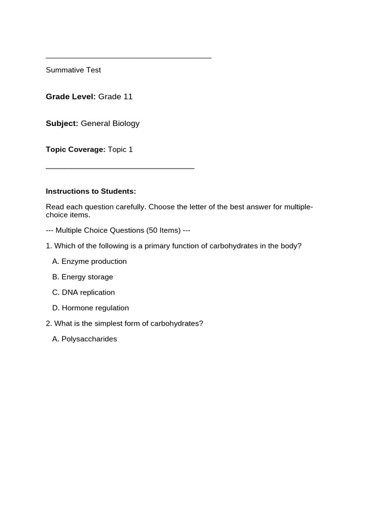 Summative - Test - General Biology | PDF | Dna | Rna