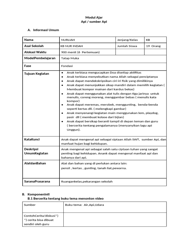 Modul Ajar Api / Sumber Api A. Informasi Umum Nama Asal Sekolah Alokasi Waktu Modelpembelajaran ...