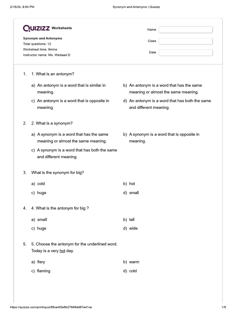 Synonyms and Antonyms Quiz Worksheet | PDF | Semiotics | Grammar