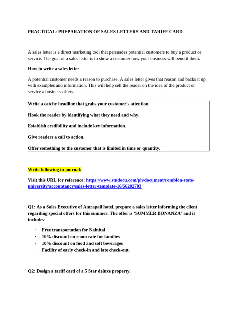 Sales Letter & Tariff Card Guide | PDF