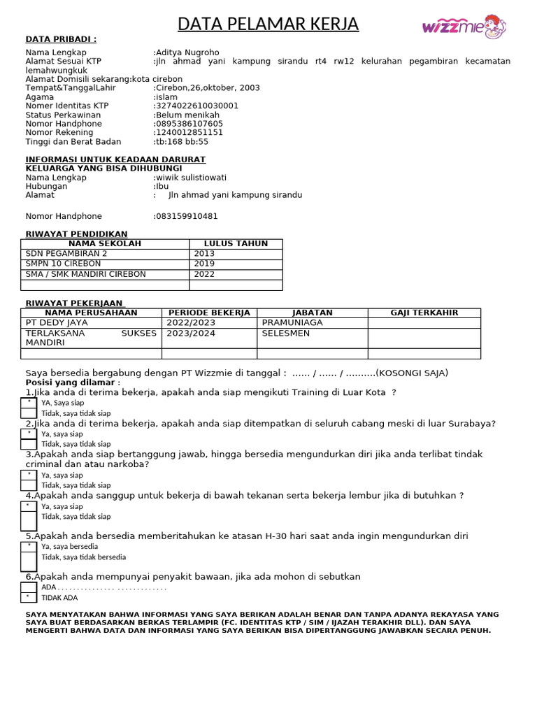 Data Pelamar PT Wizzmie Bandung | PDF