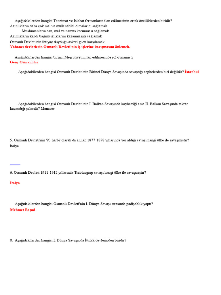 İnkilap Ve Atatürkcülük Vize+Quiz+Final Soru Ve Cevap | PDF