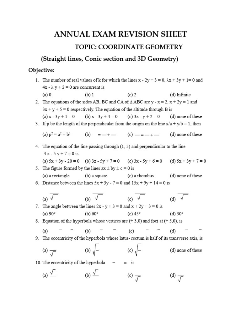 Coordinate Geometry Revision Sheet | PDF | Line (Geometry) | Cartesian ...