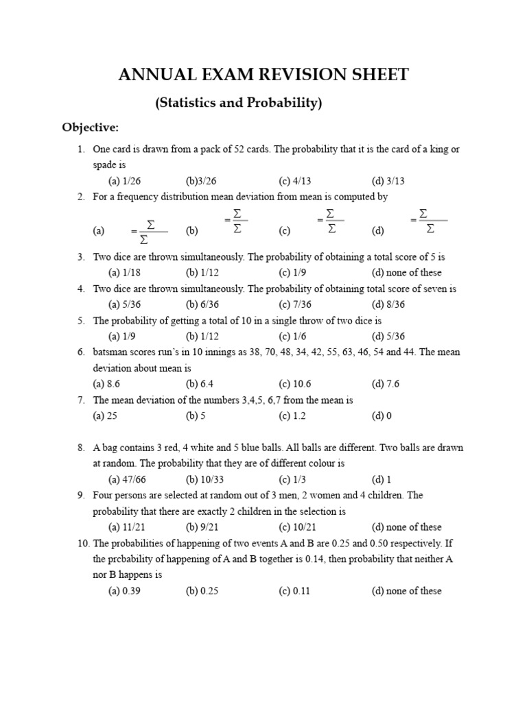 Stats & Prob. Revision Sheet | PDF | Descriptive Statistics | Probability