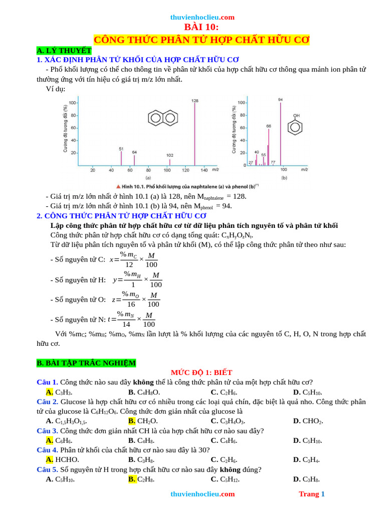 10 Ly Thuyet Va Bai Tap Cong Thuc Phan Tu Hop Chat Huu Co | PDF