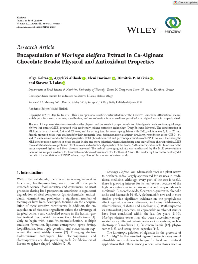 Journal of Food Quality - 2021 - Kaltsa - Encapsulation of Moringa ...