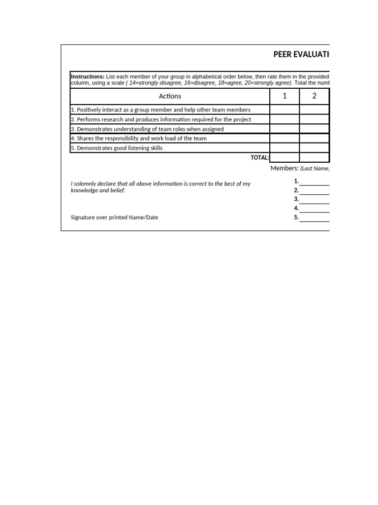 Peer Evaluation Form PR1 | PDF