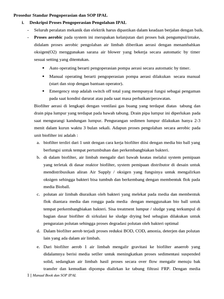 Prosedur Standar Pengoperasian Dan SOP IPAL_123358 | PDF