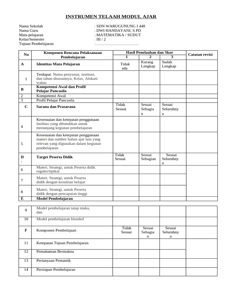 INSTRUMEN MODUL AJAR - Wrg1 | PDF