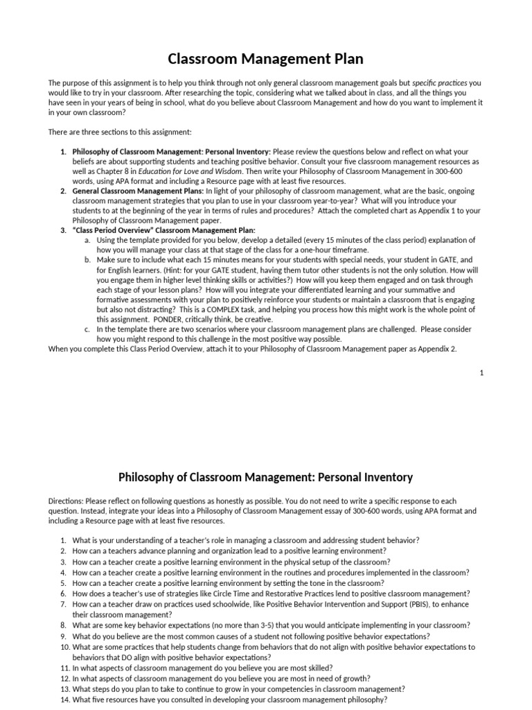 Classroom Management Plan Assignment 2024 | PDF | Classroom Management ...