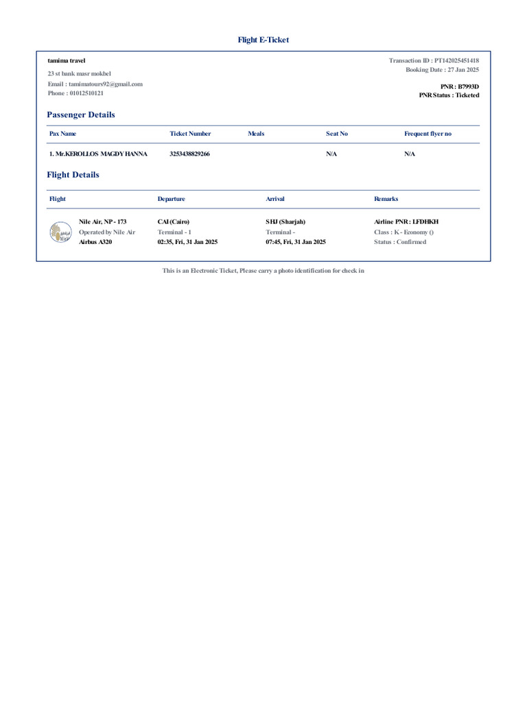 Nile Air Flight E-Ticket Confirmation | PDF