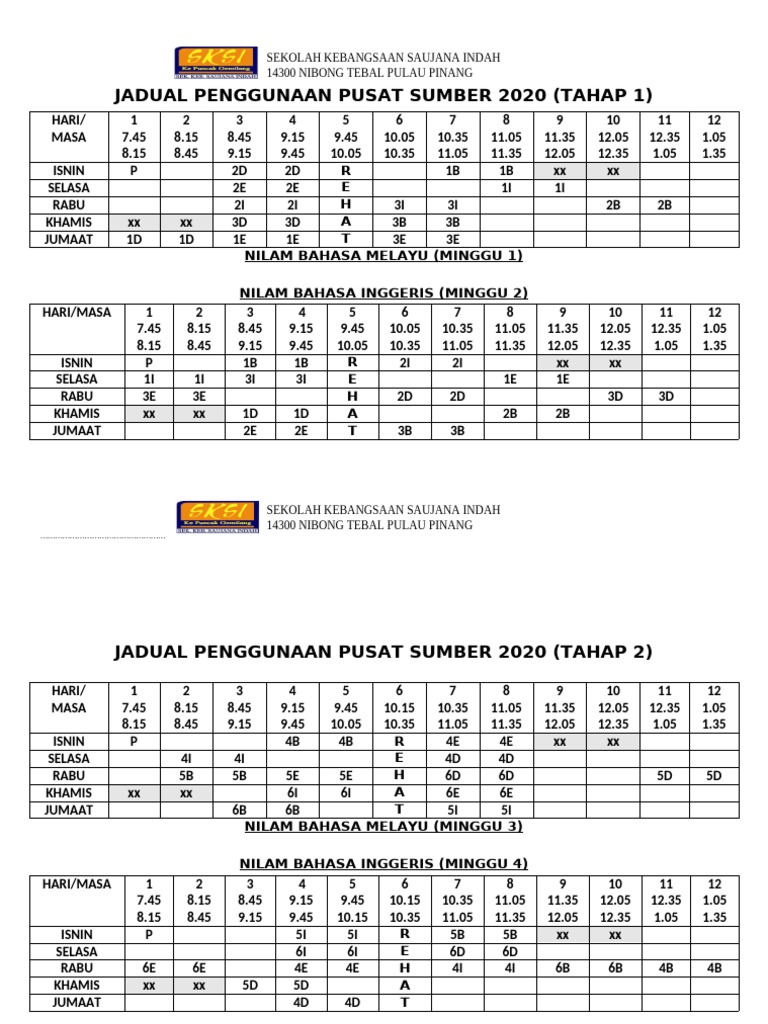 Jadual Penggunaan Pusat Sumber Sksi 2020 | PDF