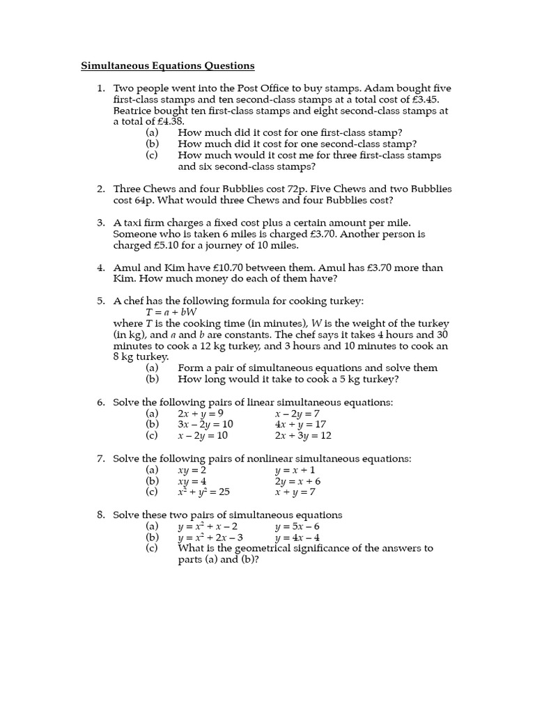 Simultaneous Equations Questions | PDF