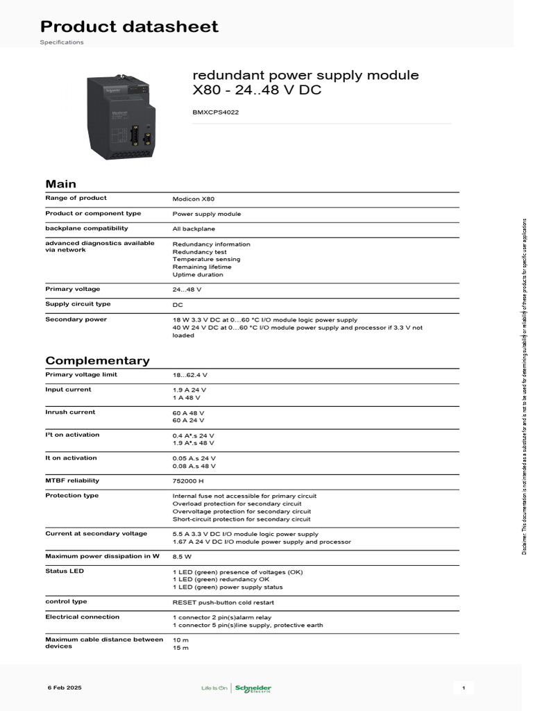 Schneider Electric - Modicon-X80-I-Os - BMXCPS4022 | PDF | Power Supply ...