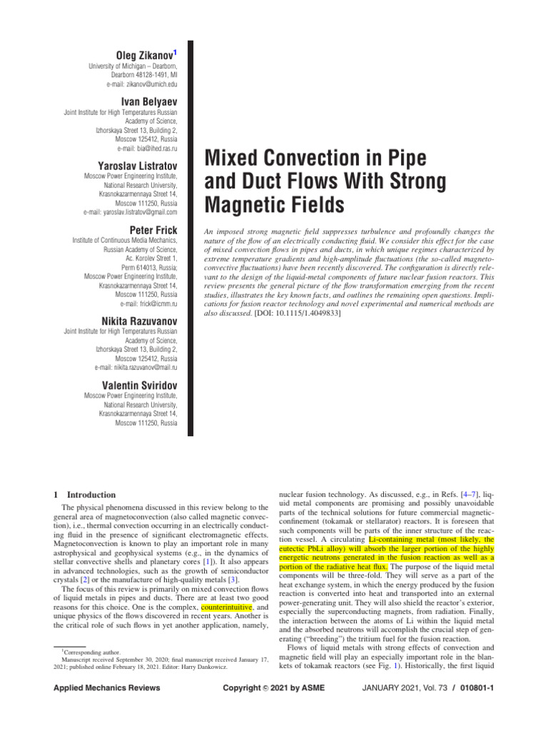 Zikanov Et Al 2021 Mixed Convection in Pipe and Duct Flows With Strong Magnetic Fields | PDF ...