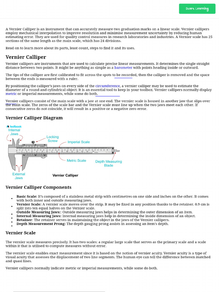 Vernier calliper_ Definition, Diagram, components, Uses, FAQs | PDF