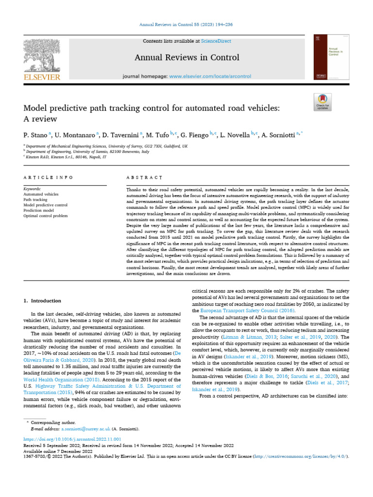 Model Predictive Path Tracking Control For Automated Road Vehicles - A Review | PDF | Control ...