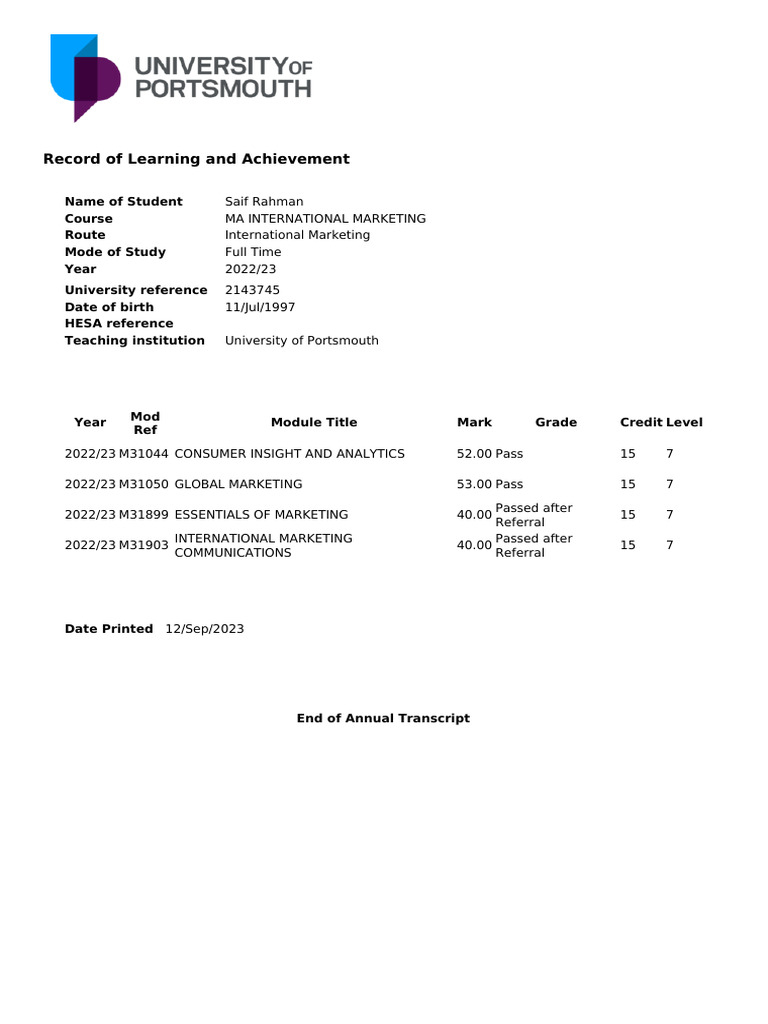 Record of Learning and Achievement | PDF