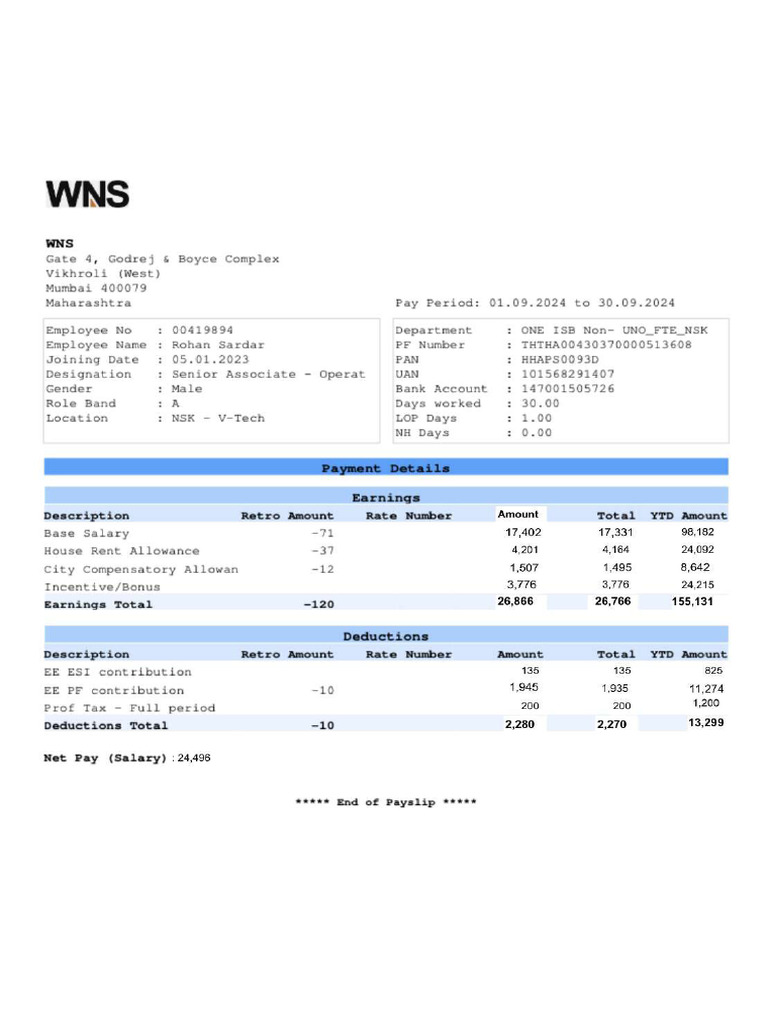 Salary Slip - Sept 2024 | PDF