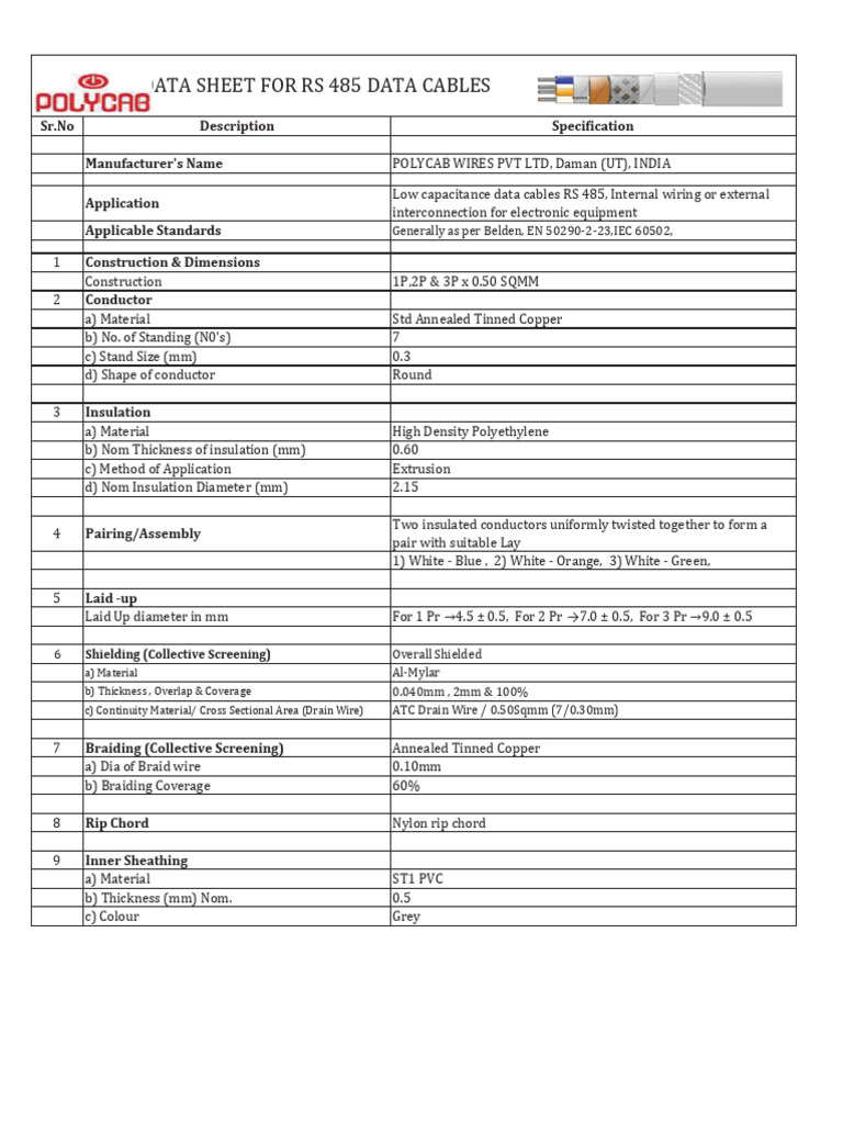 0.5 X 1p, 2p & 3 P Rs-485 Modbus Armd Frls Cable Grey | PDF | Electrical Conductor | Wire