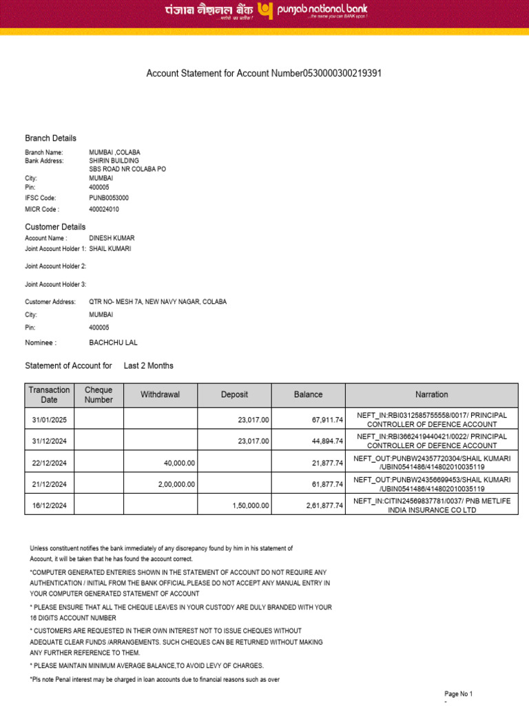 Mumbai Account Statement for Dinesh Kumar | PDF | Cheque | Banks