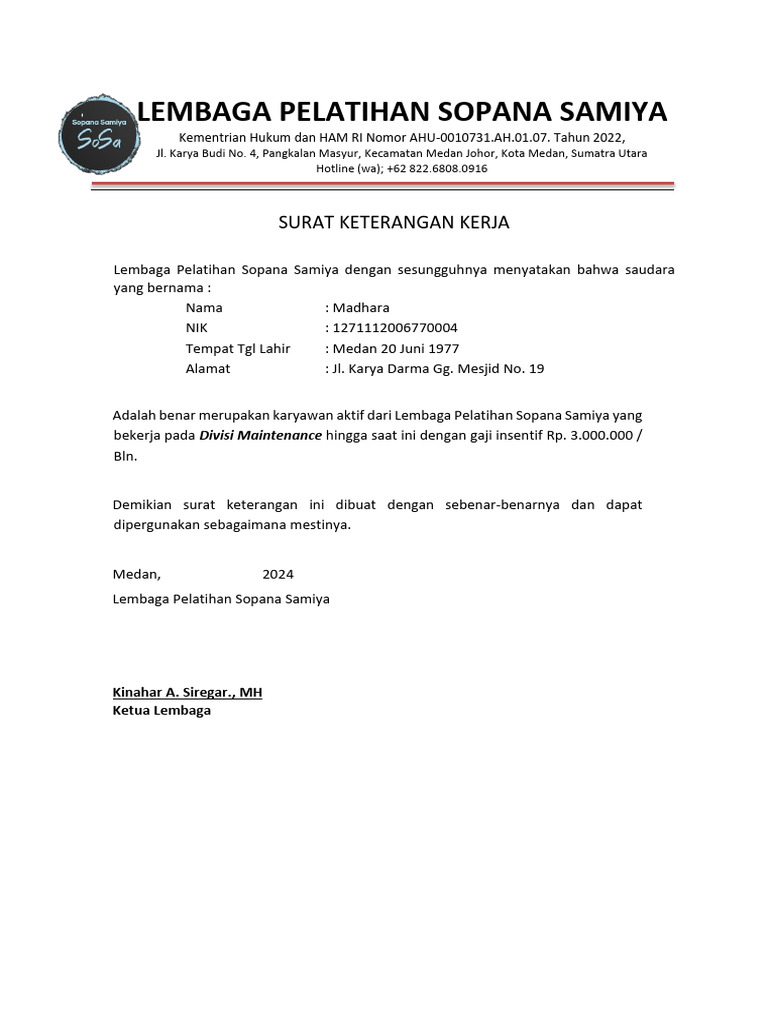 Surat Keterangan Kerja Karyawan Sopana | PDF