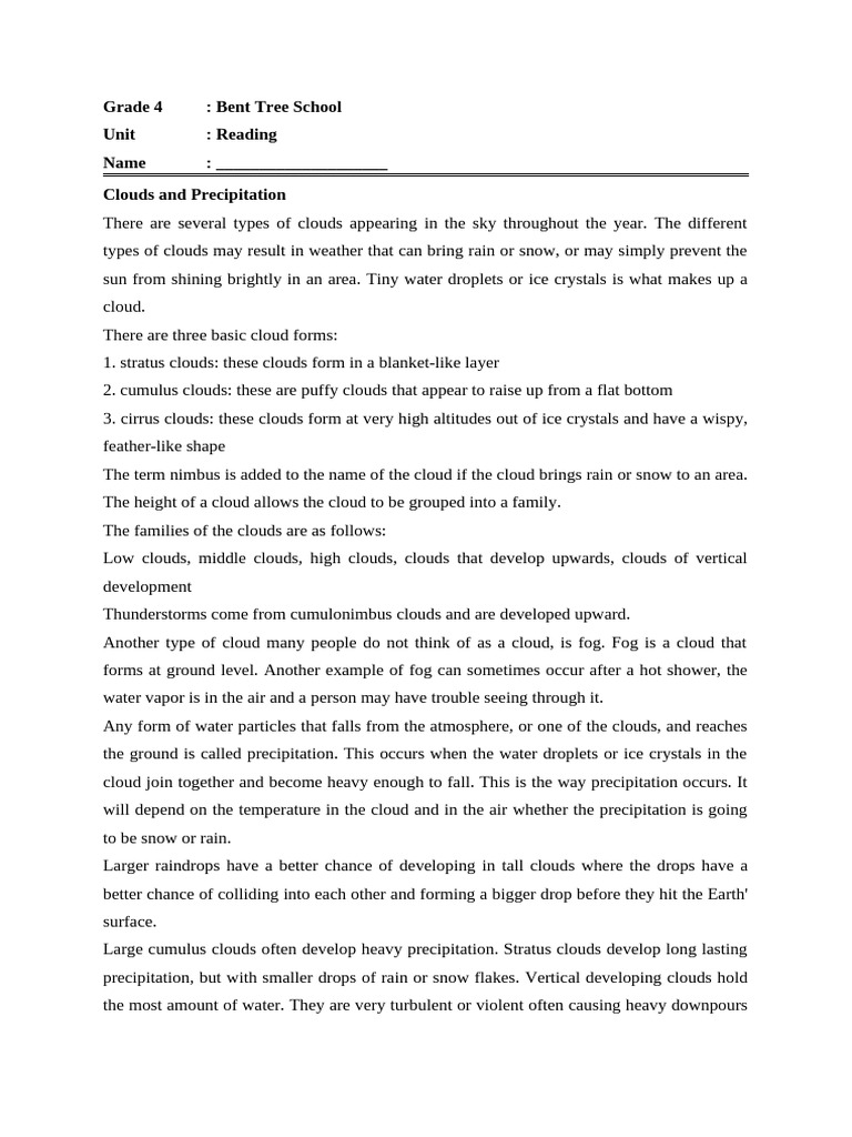 Grade 4 - Reading comprehension METEOROLOGY and Recipe sequencing | PDF ...