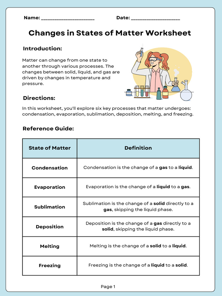 Changes in States of Matter Chemistry Worksheet in Simple Black and ...