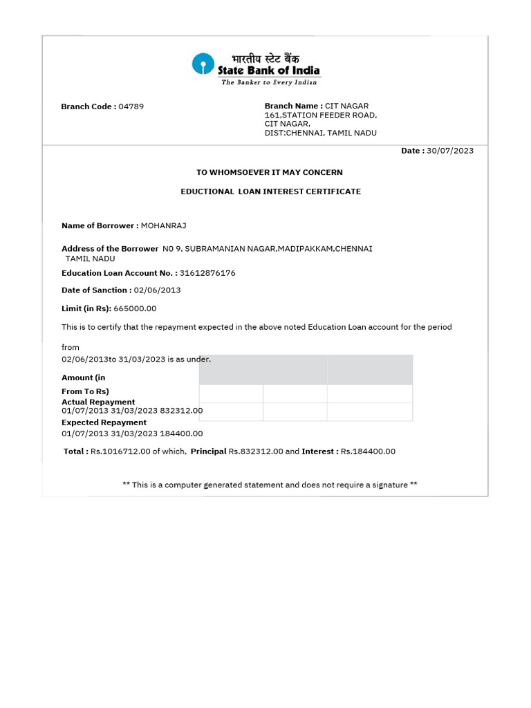 Education loan certificate | PDF