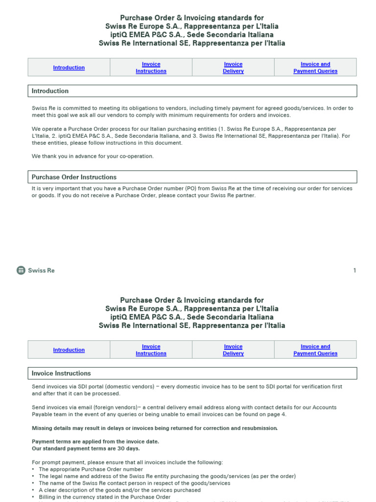Swiss Re Italy Purchase Order Guidelines | PDF | Invoice