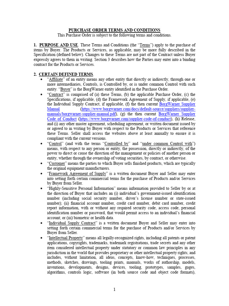 BW Purchase Order Terms and Conditions - Emea Italy - August 2023 | PDF ...