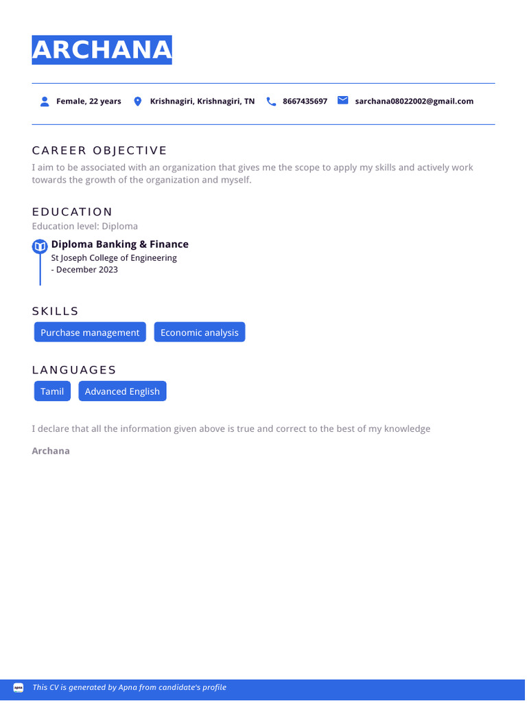Archana Resume Apna | PDF