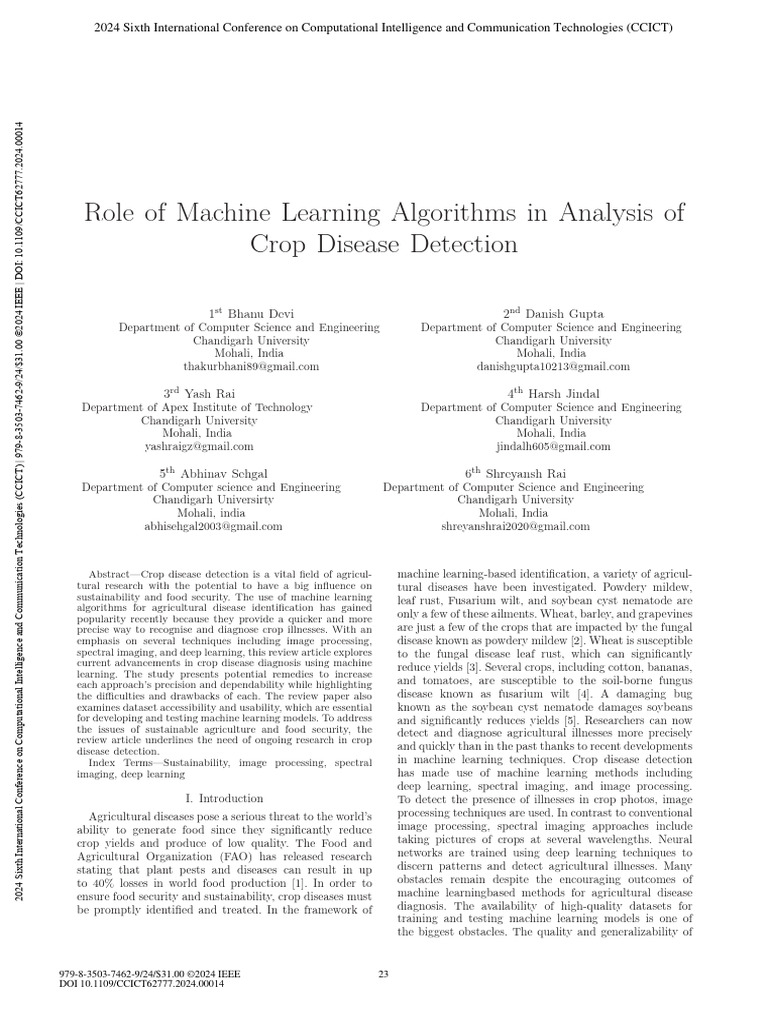 Role of Machine Learning Algorithms in Analysis of Crop Disease ...