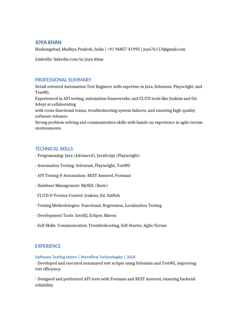 Wipro ATS Resume Joya Khan | PDF | Software Testing | Selenium (Software)