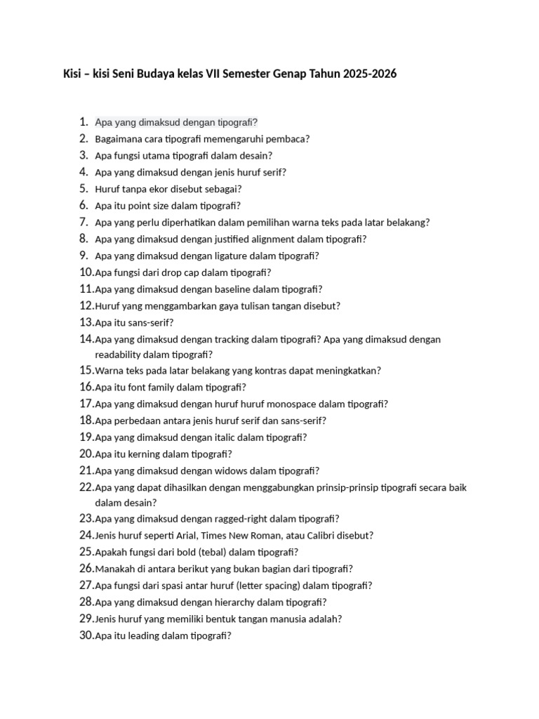 Kisi-Kisi Seni Budaya Kelas 7pts Genap2025-2026 | PDF