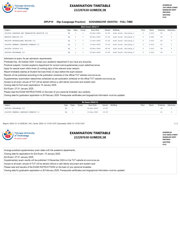 TUT Exam Timetable for November 2024 | PDF